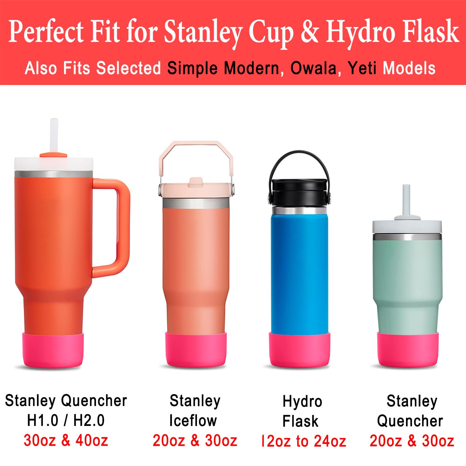 KTKUDY 2Pcs Protective Silicone Boot for Stanley Quencher Tumbler 30 oz 40 oz & IceFlow 20oz 30oz & Hydro Flask Water Bottle 12-24oz - Cup Bottom Sleeve - Stanley Cup Accessories, Rose red
