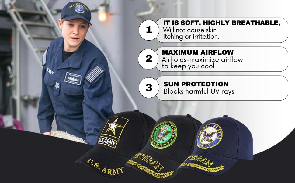 US Army Veteran Hat for Men and Women,Officially Licensed Product, Adjustable Strap Baseball Cap - Embroidered Army Baseball Cap Beautifully Stitched Lettering on Front and Back (Black)