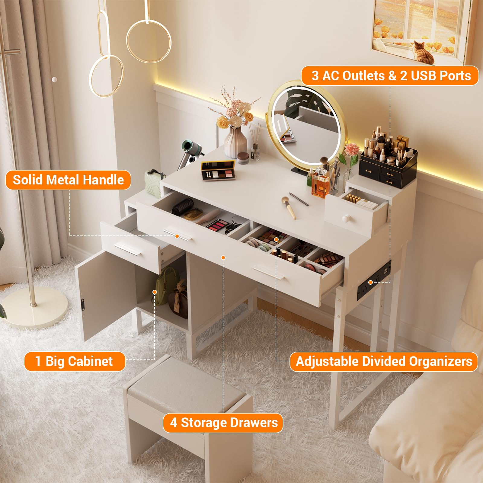 Vanity Desk with 4 Storage Drawers White