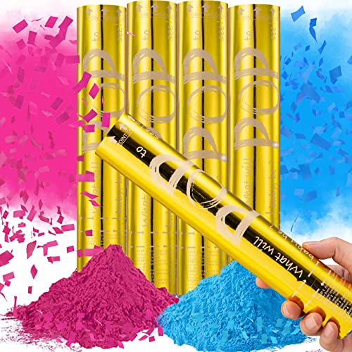 Tamsan Premium Gender Reveal Confetti Powder Cannon - Set of 4 Mixed (2 Blue & 2 Pink) Gender Reveal Confetti Cannon, 100% Biodegradable Tissue Safe Powder Smoke Baby Gender Reveal Party Supplies