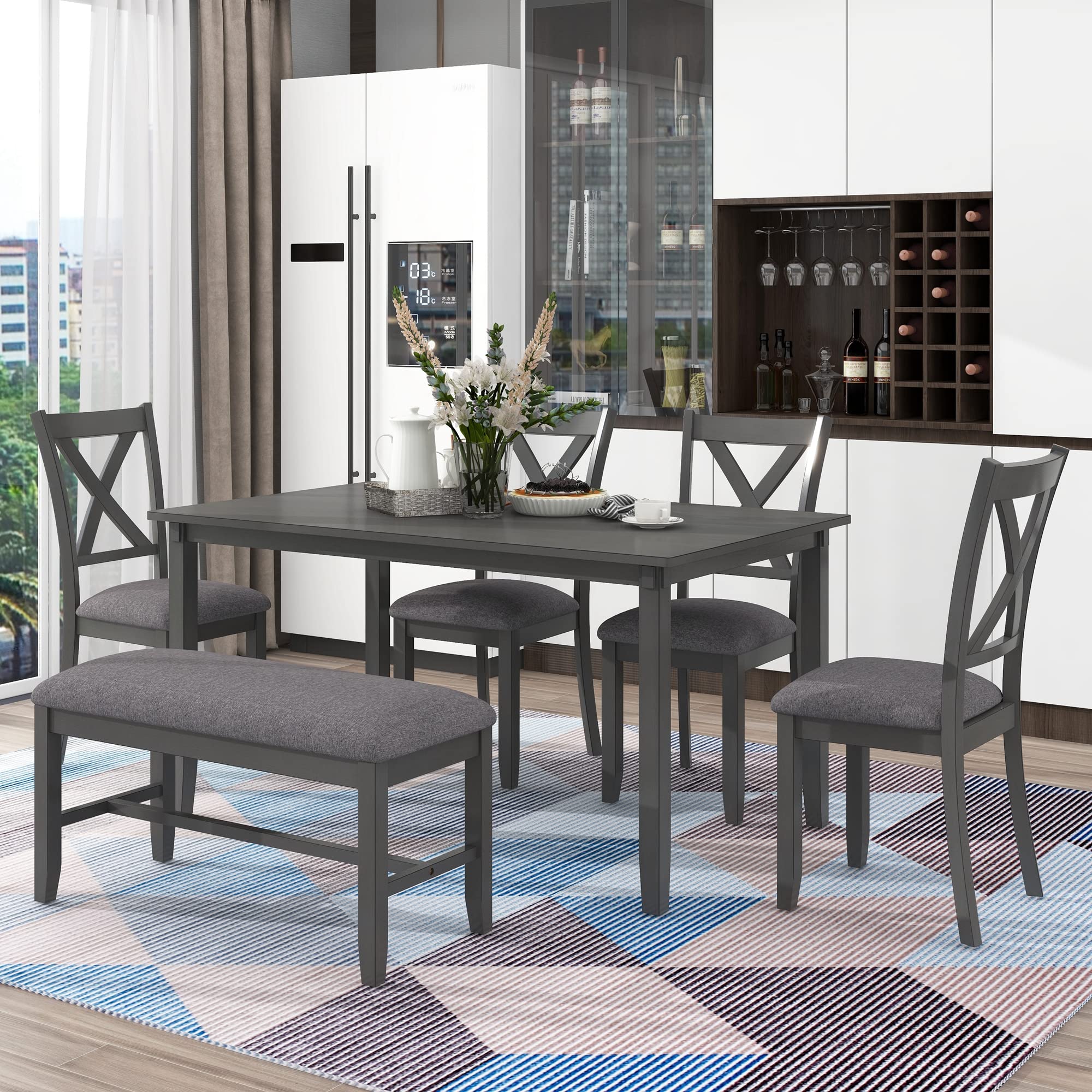 KoiHome 7-Piece Retro Shaped Legs, 6 Upholstered Chairs with Seat Cushion, Wood Kitchen Table Set for Dining Living Room Furniture (Gray+White)