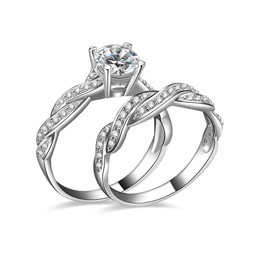 JunXin Round Cut 1.5ct Swarovski Crystal White Gold Bridal Set Engagement Rings Wedding Band Size8