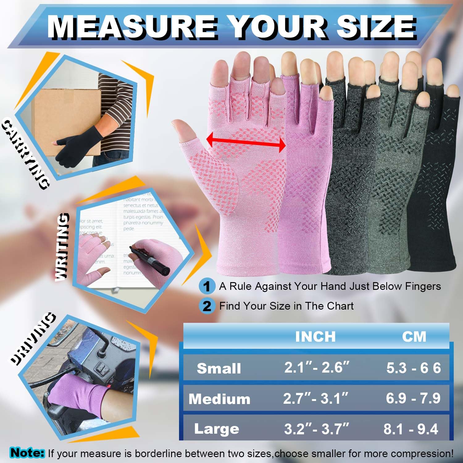 Kecartu 2 Pairs Compression Gloves for Rheumatoid Arthritis, Osteoarthritis, Carpal Tunnel Pain, Fingerless Arthritis Hand Gloves for Women Men Support Work&Computer Typing (Pure Black+Purple,Medium)