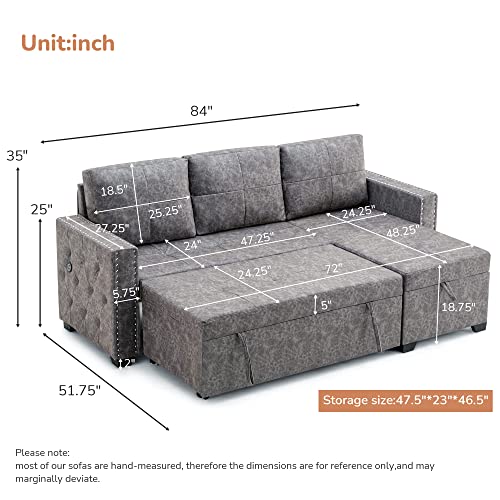 WOJ Life 84" Sectional L Shaped Sofa, Modern Modular Convertible Corner Couch, Two Seats Sofá Bed with 2 USB Chargers, Storage Chaise, Sleeper Independent Use as Coffee Table, Nail Headed, Gray