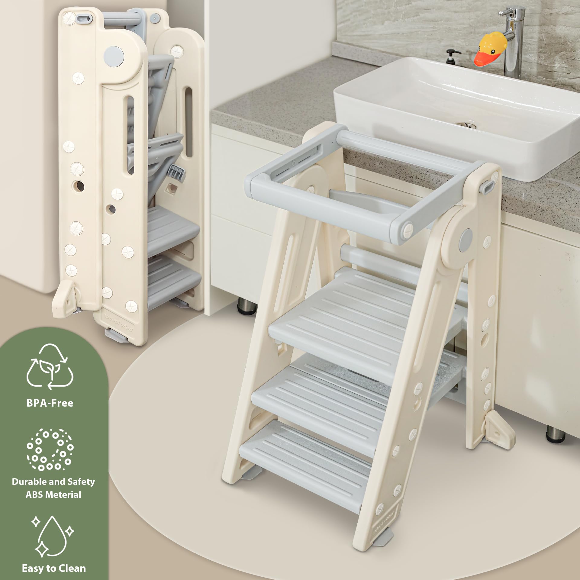 Toddler Standing Tower, Childs Kitchen Stool for Helping,Safety Rail, 2-3 Step Adjustable Ladder for Bathroom Sink & Kitchen Tower -Ages 18 Months to 4 Years (Yellow White)