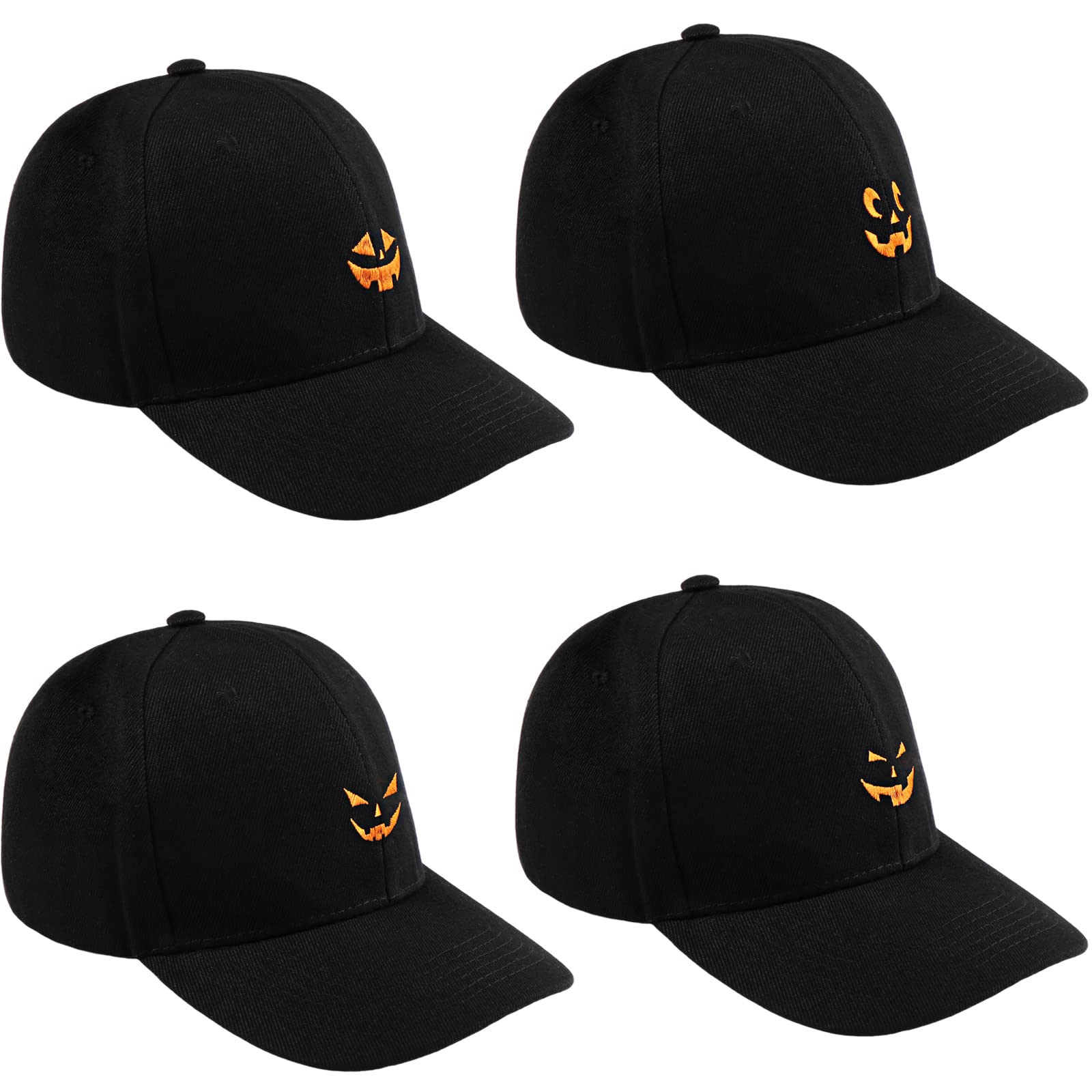 OBANGONG 4 Pcs Halloween Baseball Cap Pumpkin Baseball Dad Hats Adjustable Embroidery Ghost Smile Cap Unisex Black Cap for Men Women Daily Use