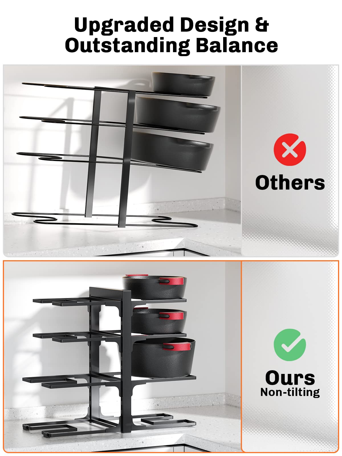 MUDEELA Adjustable 8-Tier Iron Pots and Pans Organizer for Cabinet, Silver, Protective Kitchen Storage