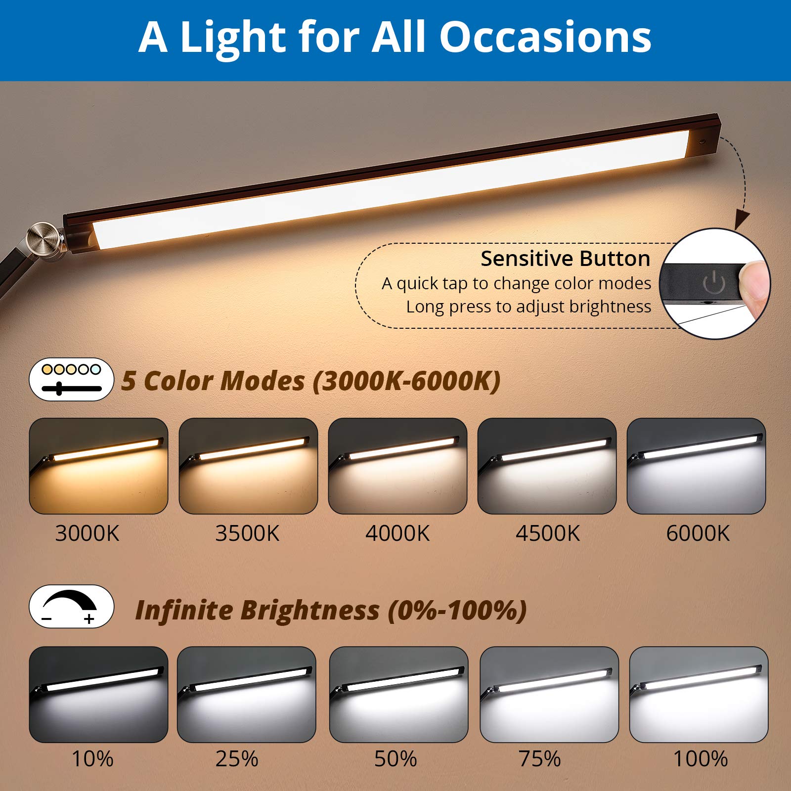 LED Desk Lamp with Clamp, Metal Swing Arm Lamp with Remote, 5 Color Modes & Stepless Dimming Architect Lamp, 10W Eye-Care Task Lamp Timer for Office, Work, Home, Reading, Dorm (Black)