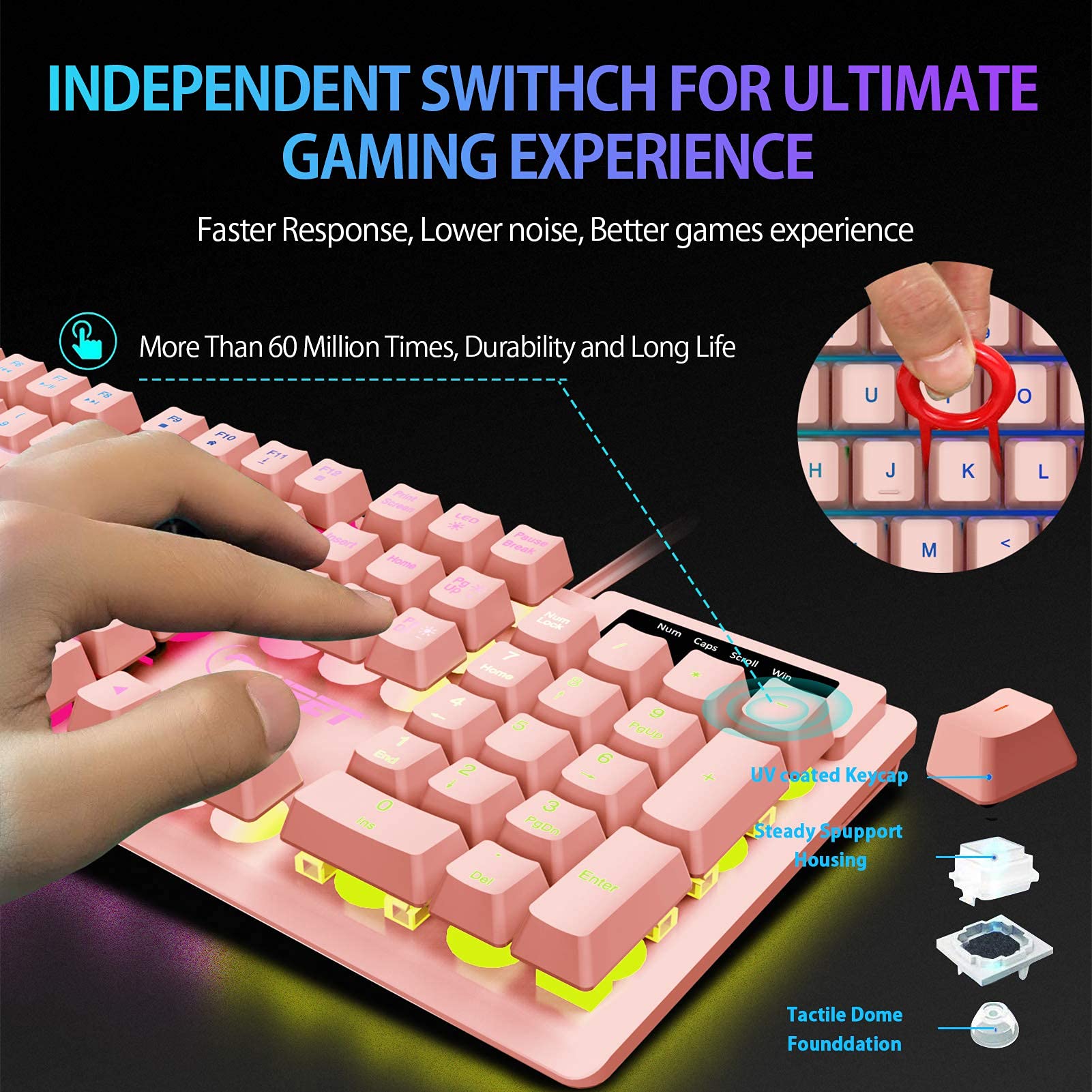 NPET K10 Gaming Keyboard USB Wired Floating Keyboard and Gaming Mouse Bundle, LED Backlit Keyboard for Desktop, Computer, PC, Pink