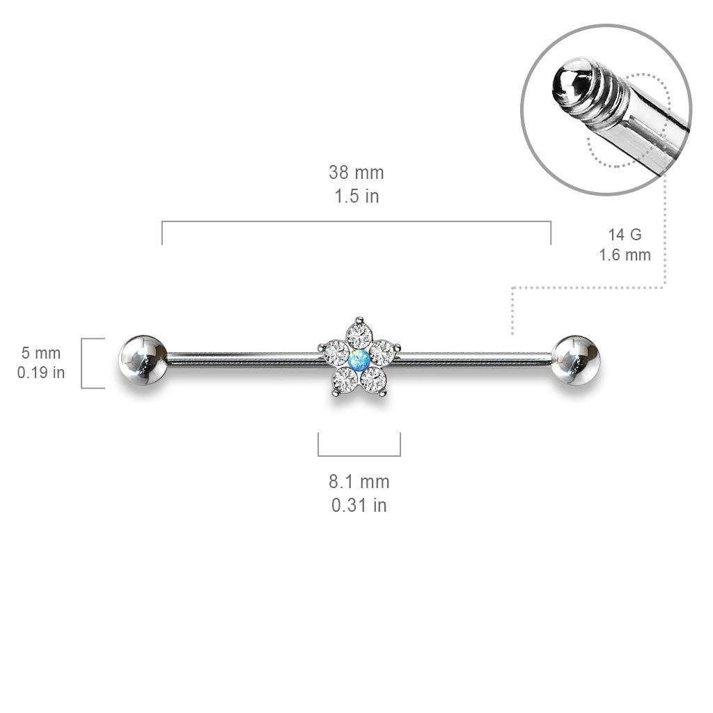 MoBody 5 CZ Flower with Created Opal Center 316L Surgical Steel Industrial Barbell Cartilage Earring 14G (1.6mm) (Blue)