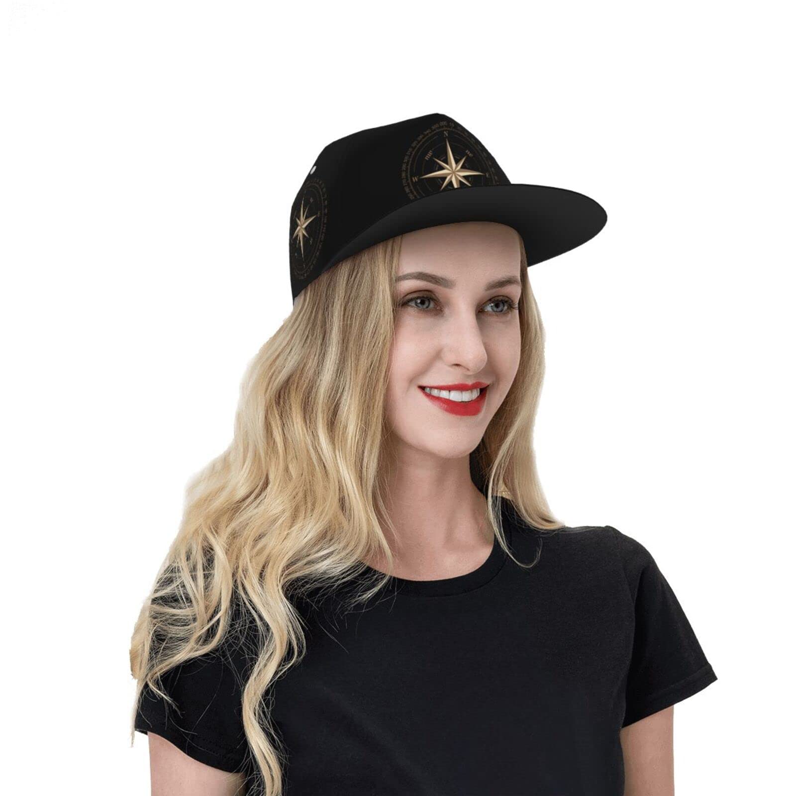 Quzioxe Compass Rose Black Flat Bill Brim Cap Hip Hop Hat Baseball Cap for Men Women Adjustable Square Flat Visor Back Trucker Snapback Hat