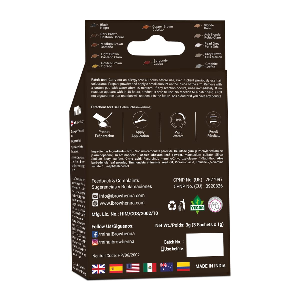 MinaiBrow Instant Hair Dye Kit Dark Brown | Natural Spot Coloring Tinting Powder with Duo Angled Brush, Water & Smudge Proof | 100% Grey Coverage Upto 30 Applications