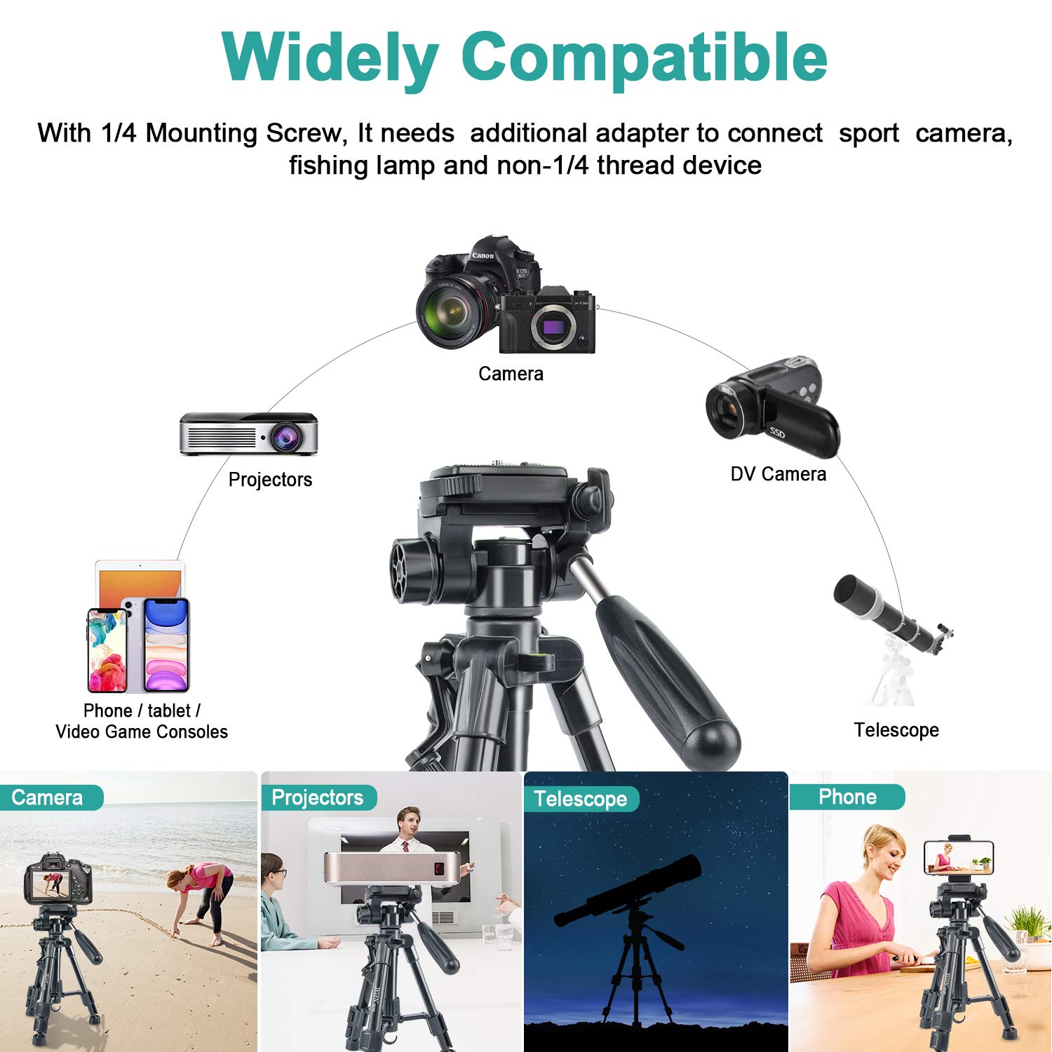 JEIFN Q100 Tabletop Camera Tripod for Travel and Indoor with 3-Way Pan Head, 1/4 inches Quick Release Plate and Phone Clip for DSLR Camera (Black)
