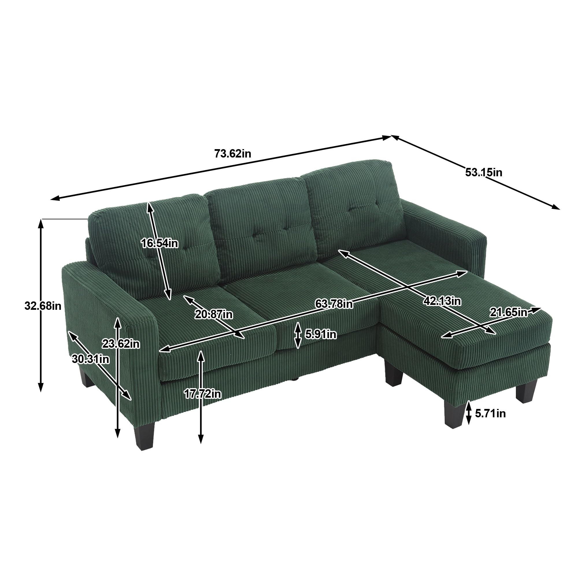 Xuanlur L Shaped Couch with Ottoman, Modern Convertible Sectional Sofa with Reversible Chaise, Sleeper Sofa Couch for Living Room, Bedroom, Apartment, Lounge, Velvet, Emerald