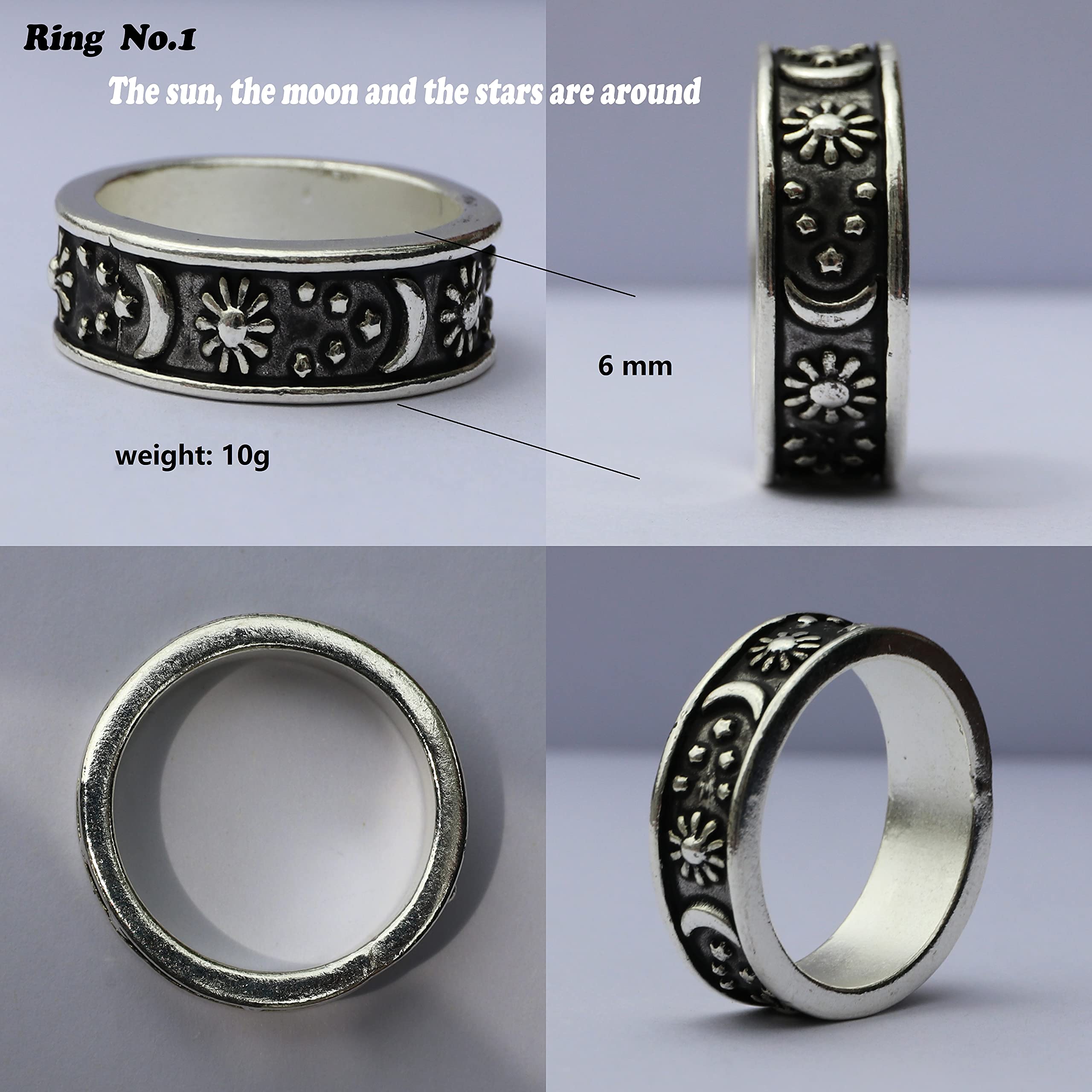 MYLY 2PCS Stainless Steel Sun Moon Rings for Women Men,Sun Ring,Moon Ring for Women Men (A, 7)