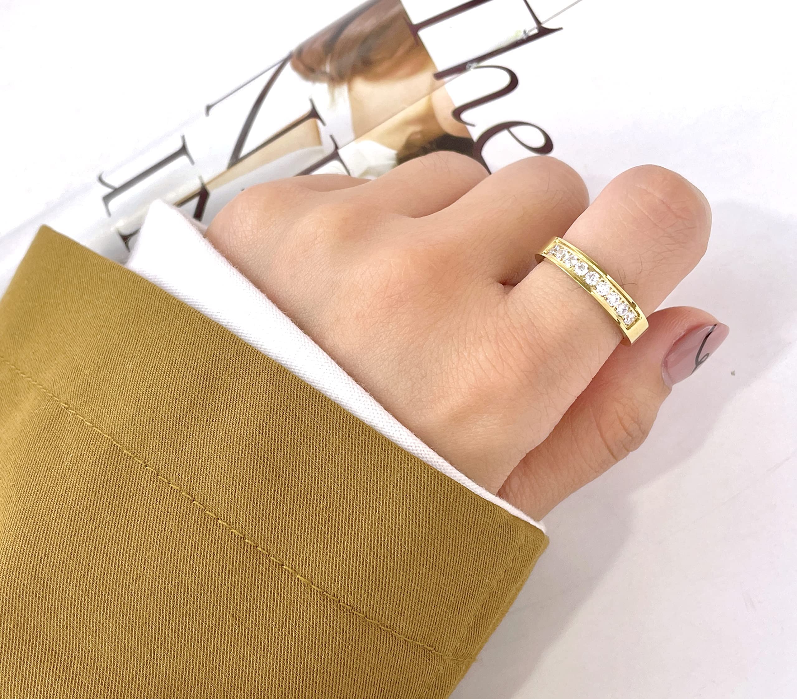 MYNENEY 14K Gold/Silver Plated Wedding Band Cubic Zirconia Eternity Stackable Engagement Ring For Women (4MM- 9 Diamonds-Gold, 8)