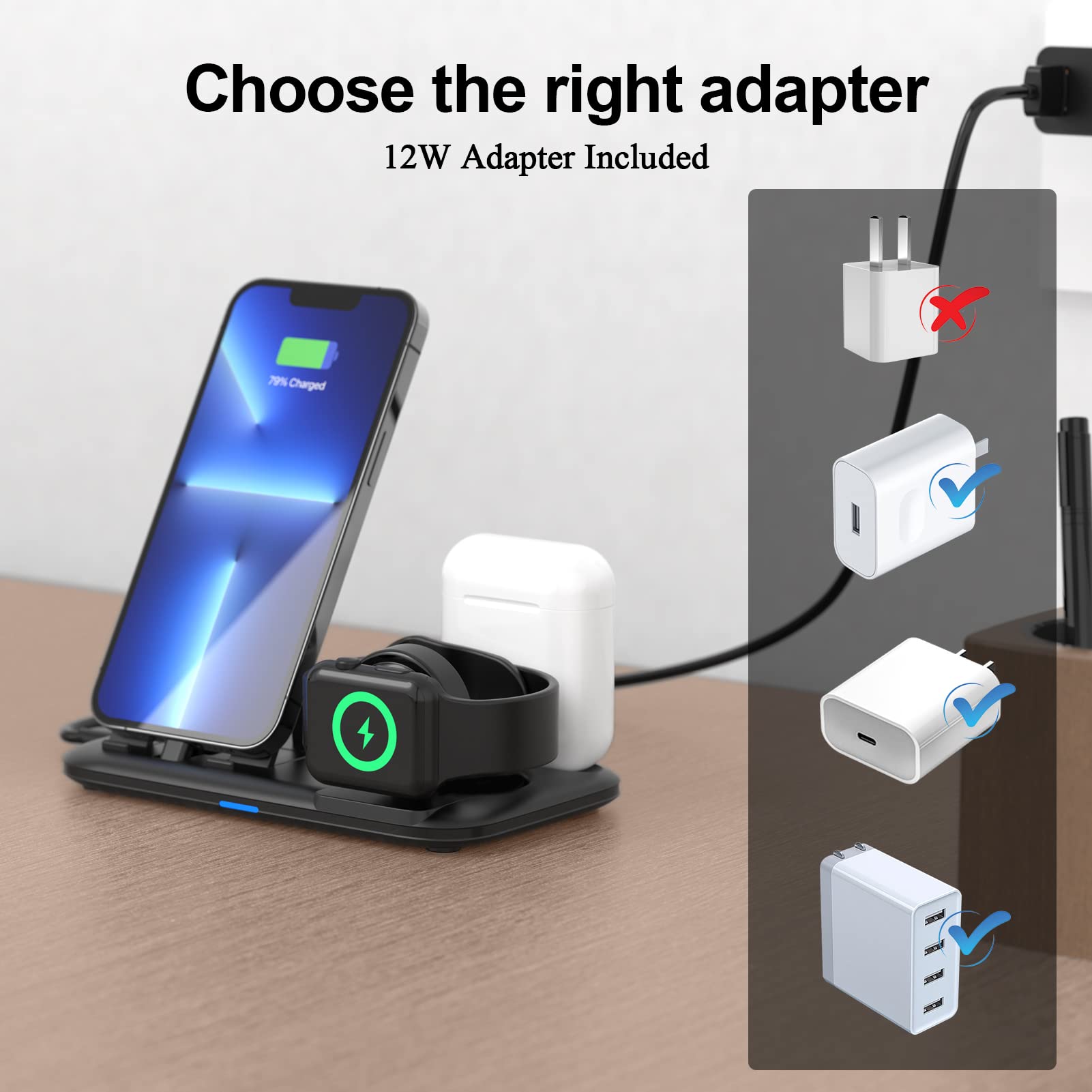 OLEBR 3 in 1 Charging Station for Multiple Devices Apple Bedside Charging Stand for iPhone and Apple Watch 7/6/SE/5/4/3/2/1 Charging Dock for AirPods Pro/3/2/1 (with 12W Fast Charger) Black
