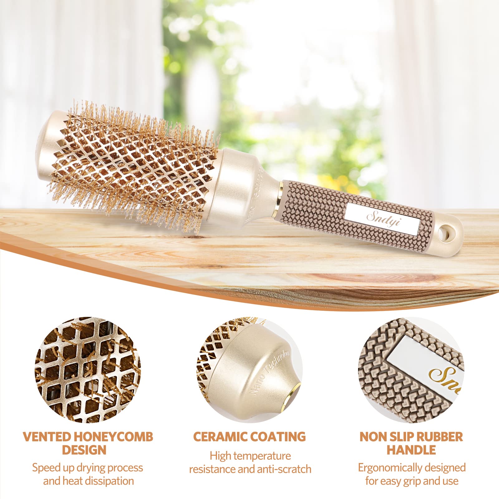 Sndyi Round Brush for Blow Drying, Nano Thermal Ceramic & Ionic Tech Hair Brush, Medium Round Brush for Curling and Straightening, Add Shine and Creat Maximum Volume -1.7 Inch