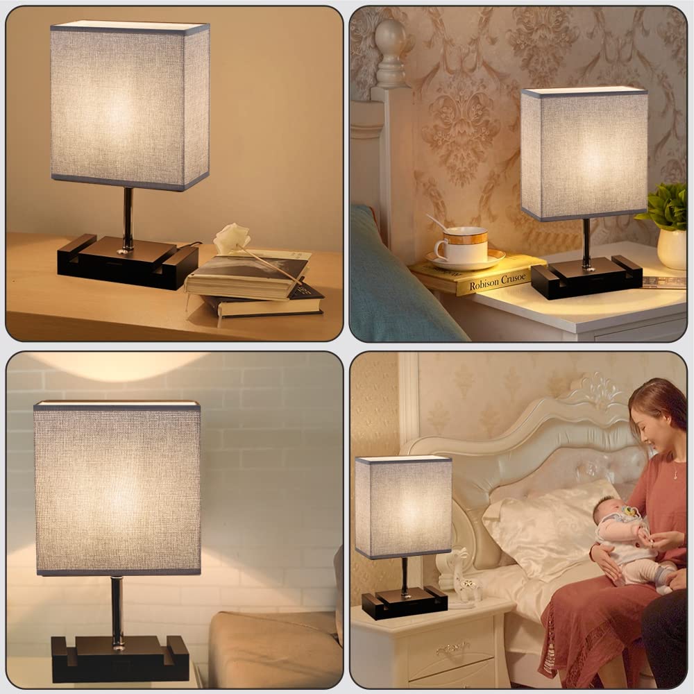 lifeholder Fully Dimmable Table lamp, Lamps with Two Phone Stands and AC Outlet, Bedside Lamp with Two LED Bulb for Bedroom, Living Room,Study(Set of 2) Light Grey