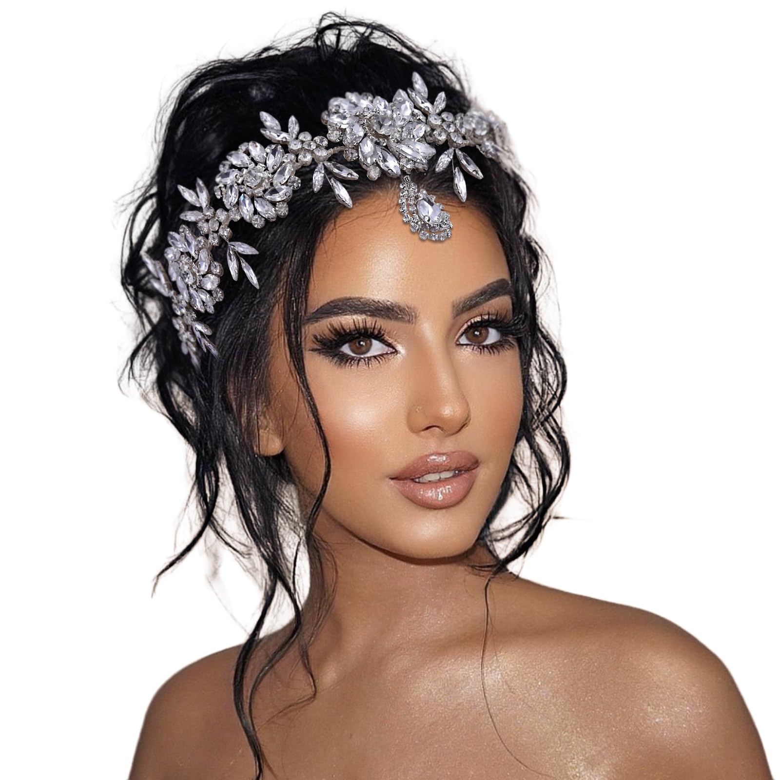 TRiXY Silver Rhinestone Wedding Tiara,Headpiece Forehead Tiara Jewelry Head Chain, Crystal Headpiece Bridal Hair Accessories for Bride Women and Girls(Silver), One Size