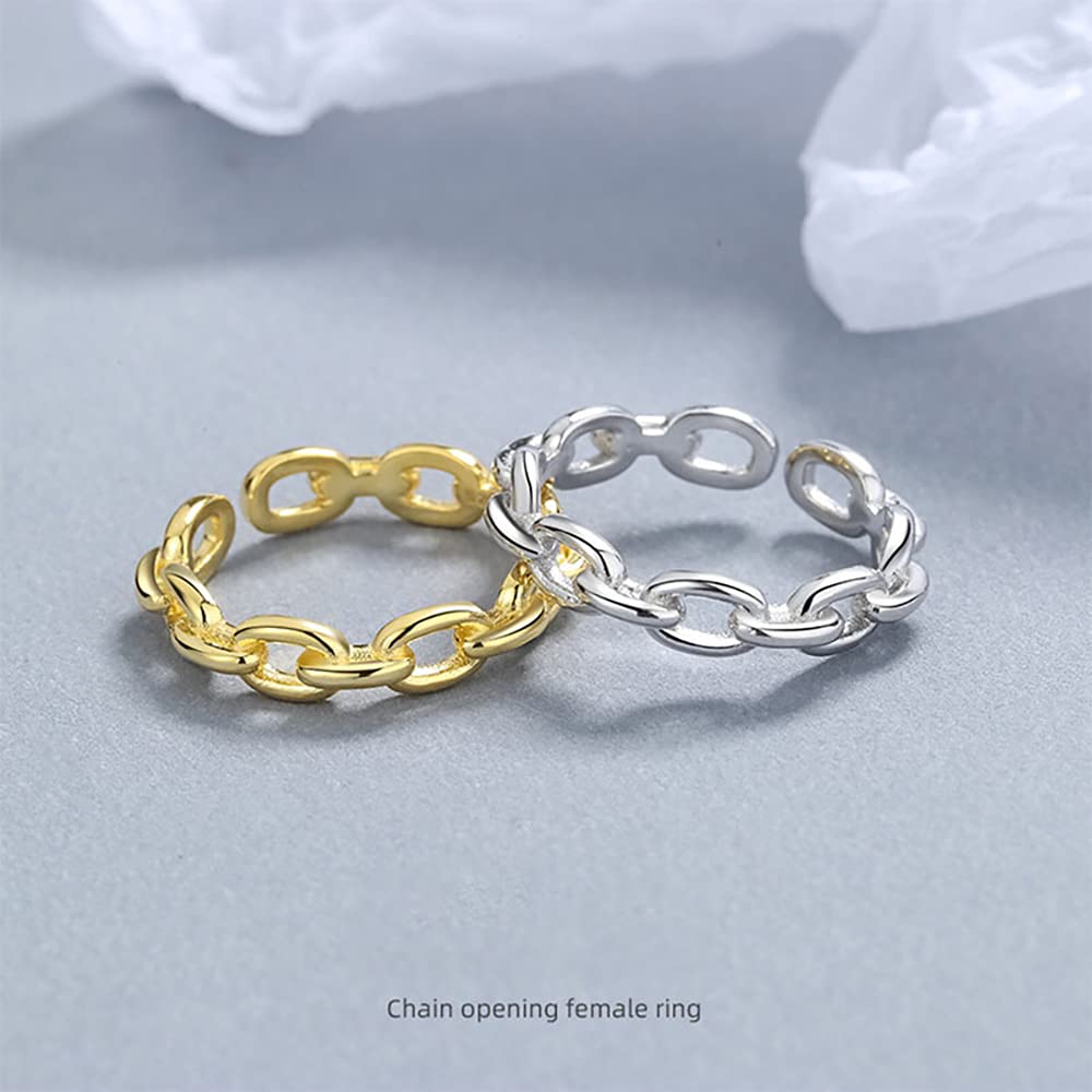 MYNENEY 925 Sterling Silver Chain Link Ring Adjustable Cute Simple Stacking Ring 14K Gold Plated Open Trendy Rings for Women Silver S