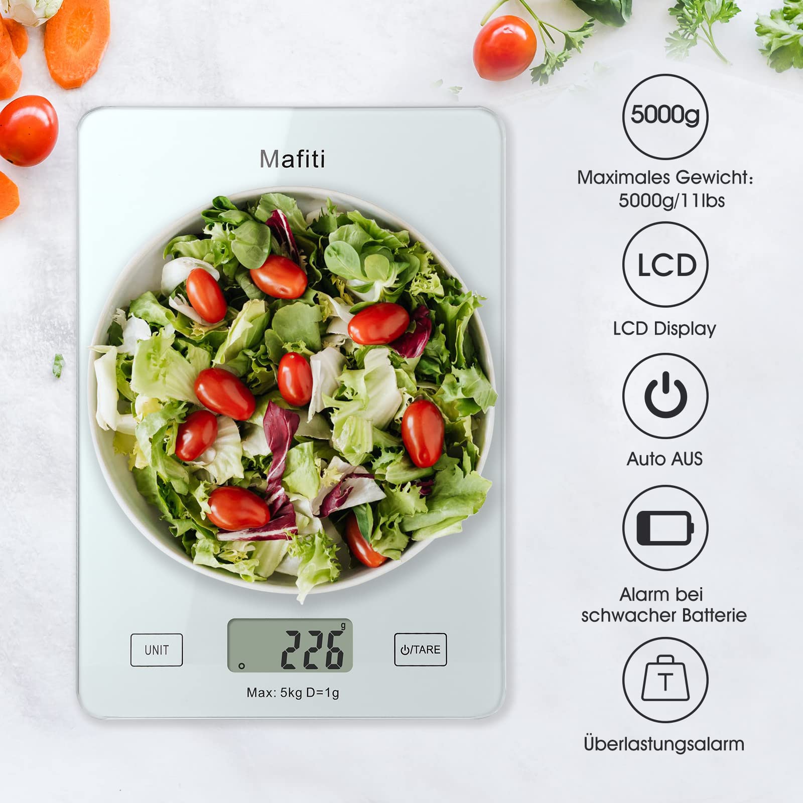 Kitchen Scale, Mafiti Digital Kitchen Scales 11lb/5kgX1g, Multifunction Measures in Kg, g, lb and OZ Digital Kitchen Weight for Food, Cooking and Baking,LCD Display(Silver)