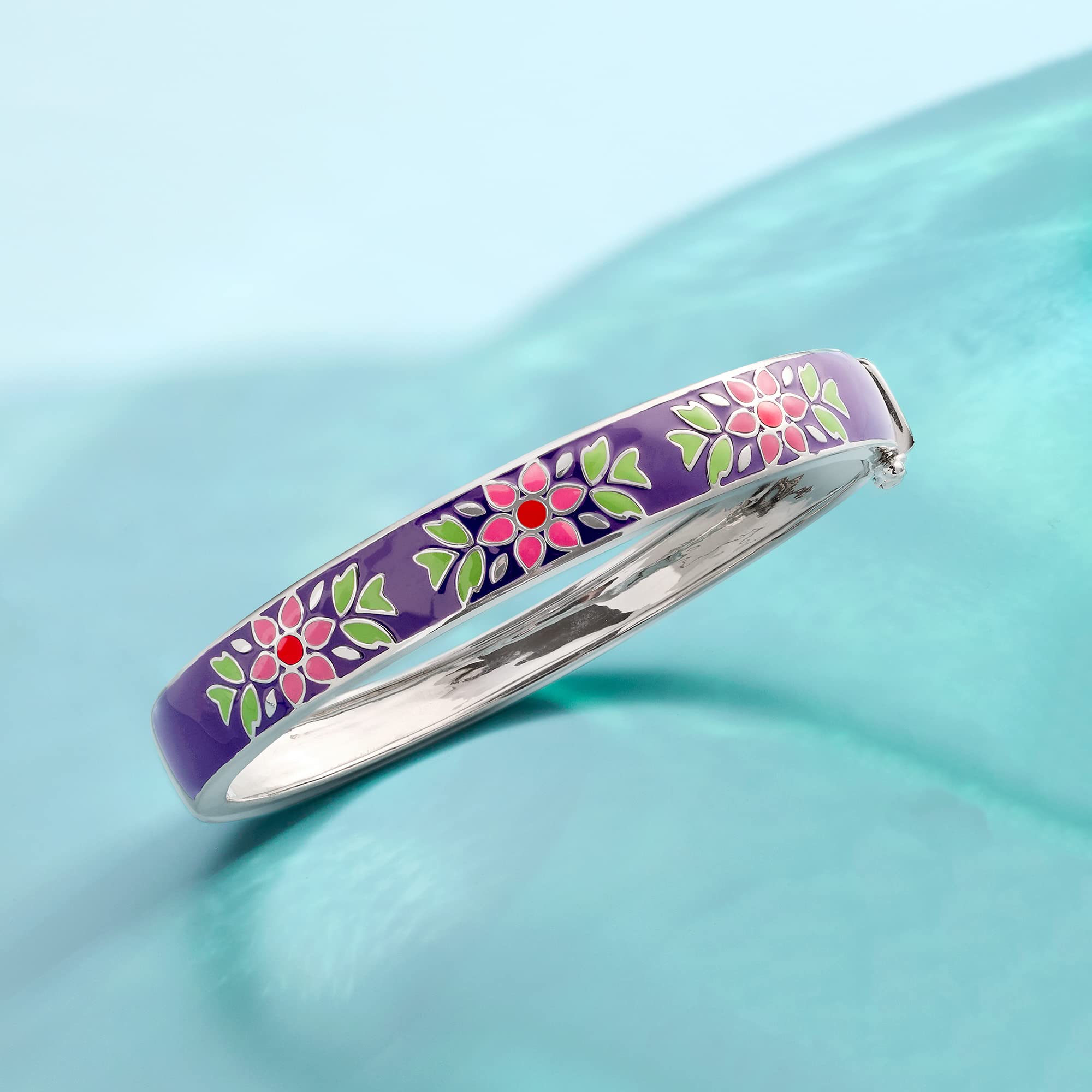 Ross-Simons Purple and Multicolored Enamel Floral Bangle Bracelet in Sterling Silver. 8 inches