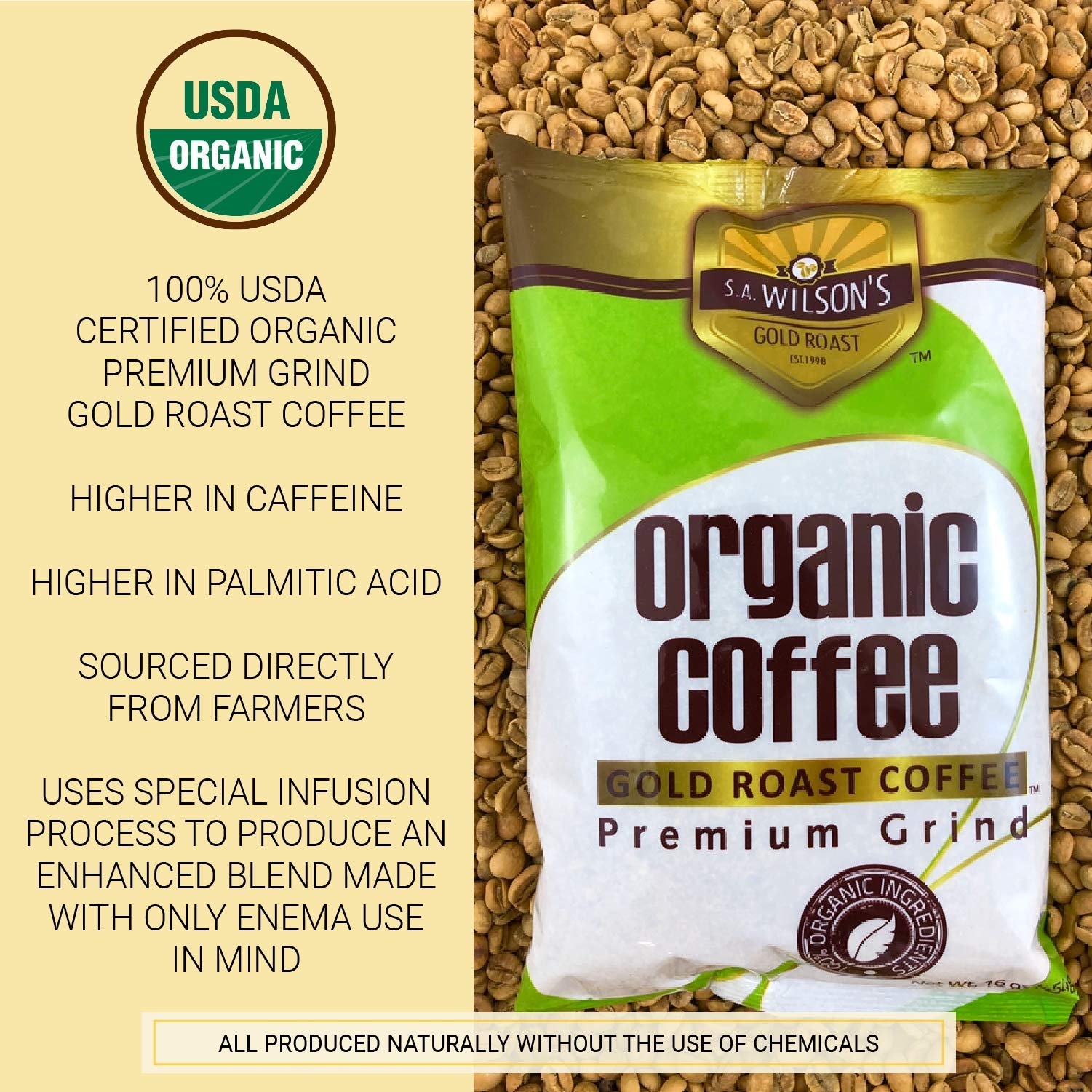 Organic Coffee Enema Coffee Gold Coffee Enema Organic by S A Wilson Enema Coffee 6- PACK With Kinara Coffee Scoop
