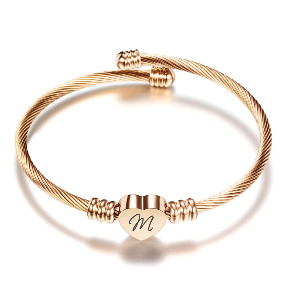 MYNENEY Silver/Gold/Rose Gold Heart Initial Name Bracelet for Women A-Z Letter Cuff Bangle Birthday Gift for Her