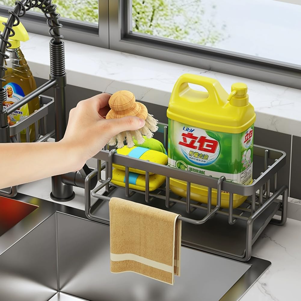 MINGFANITY Sponge Holder for Kitchen Sink with Drain Tray, Neat Kitchen Sink Caddy - Kitchen Sink Organizer - Quick Draining(Matte Black)