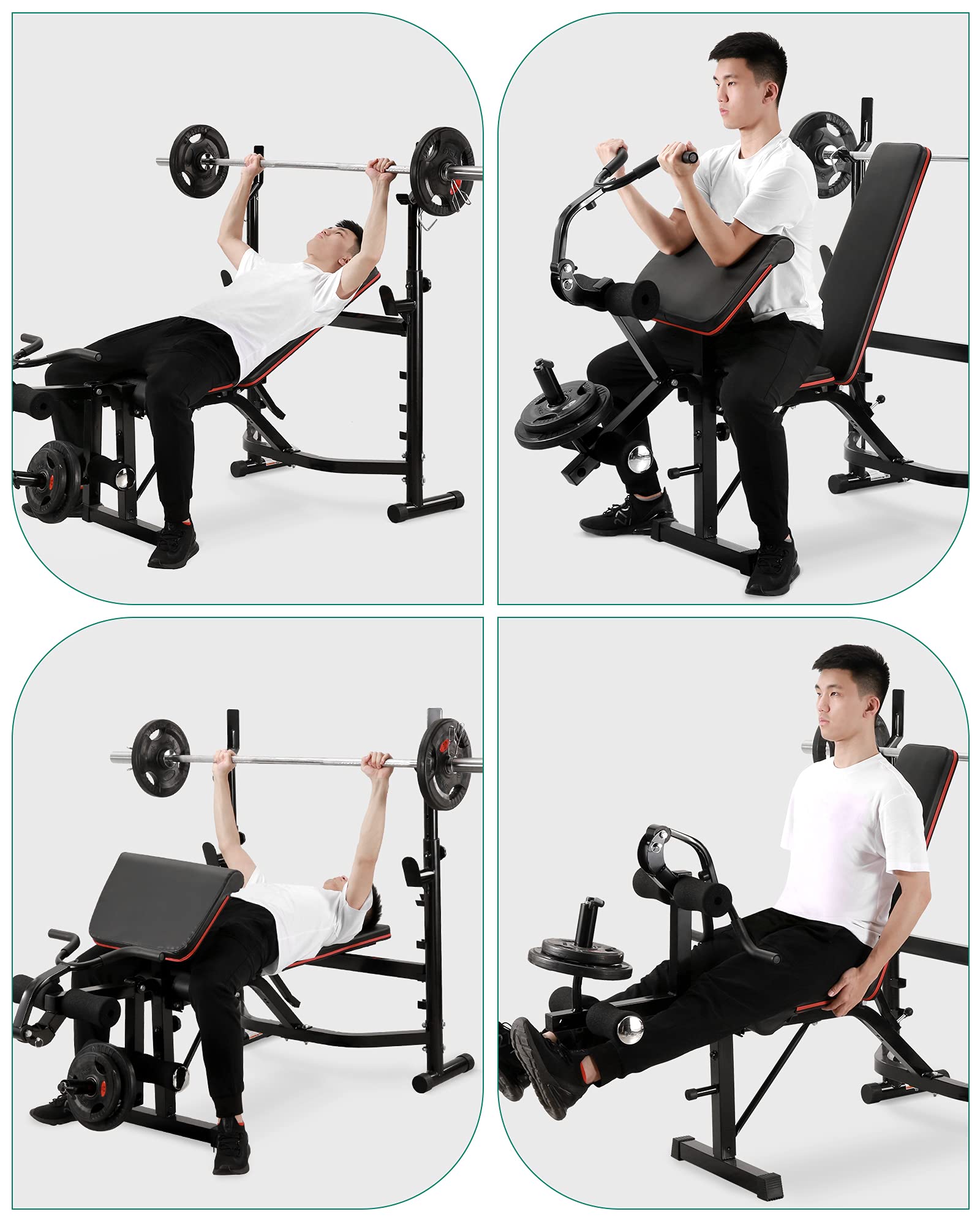 Olympic Weight Bench Adjustable Weight-Lifting Bed Exercise Bench Workout Bench with Squat Rack Leg Extension Preacher Curl Bench for Full Body Workout in Home Gym
