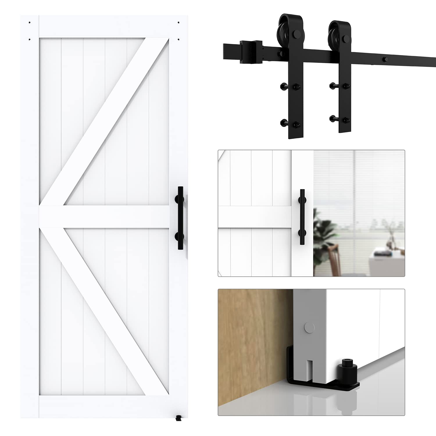 Orgerphy 36in x 84in MDF Sliding Barn Door with 6.6FT Barn Door Hardware Kit Included & Handle, Floor Guide Assemble | Farm Door|Pre-Drilled Holes, Waterproof Coating | White, K-Frame (36 Inch)