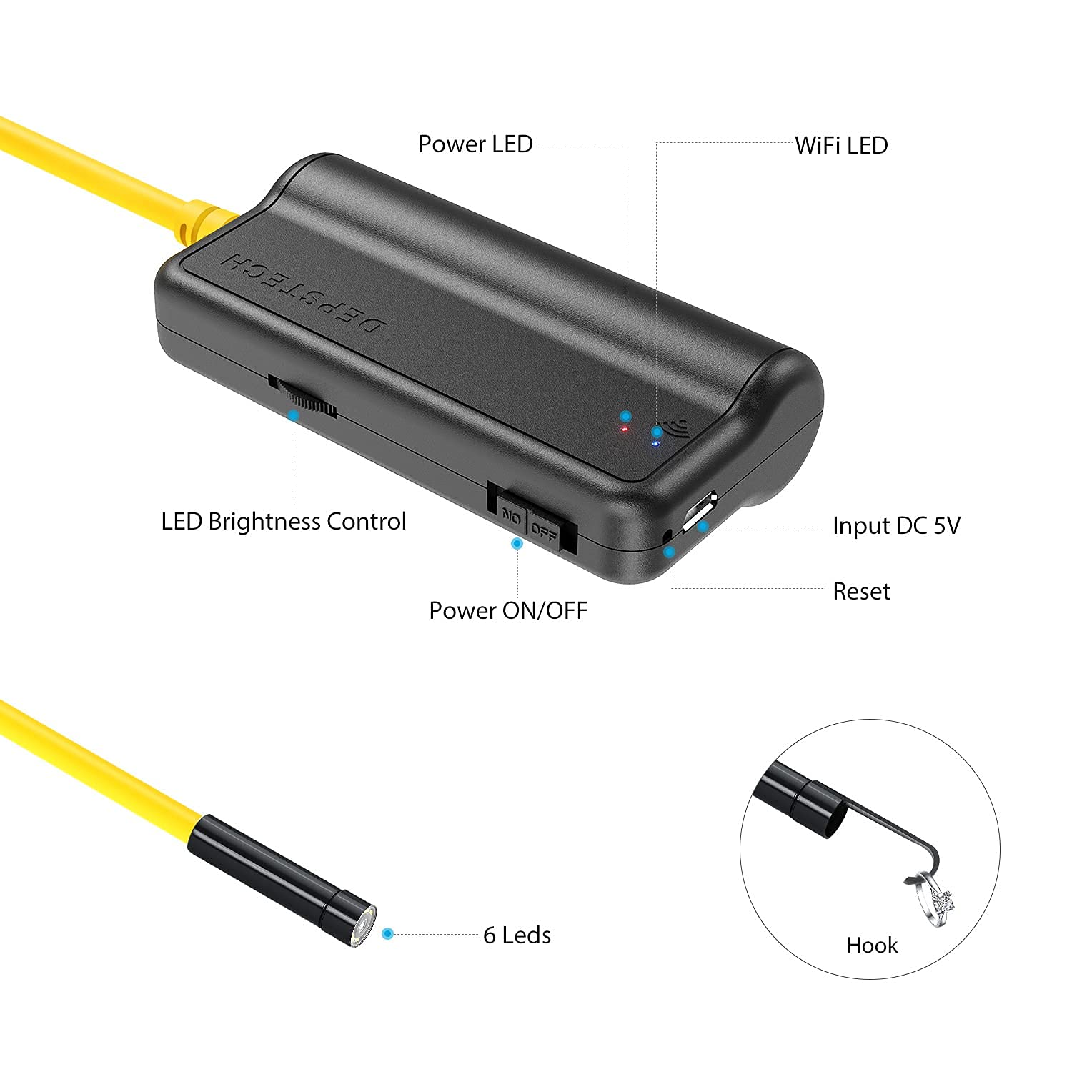 Wireless Endoscope, DEPSTECH Upgrade 5.0MP HD Inspection Camera, Scope Camera with Light,16 inch Focal Distance,16.5FT Semi-Rigid Snake Waterproof Borescope,2200mAh Battery for iPhone & Android-Yellow