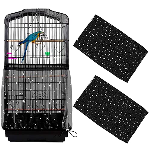 ZOCONE 2 PCS Adjustable Bird Cage Net Cover, Bird Seed Guards & Catchers, Starry Stretchy Adjustable Drawstring Bird Cage Mesh Net Cover, Round Square Birdcage Skirt (Black)