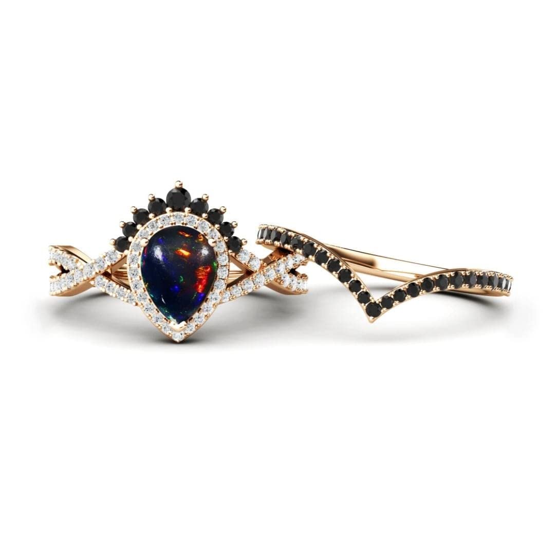 Natural Ethiopian Opal Ring, Pear Black Opal Ring, Sterling Silver Fire Opal Ring, Dark Opal Ring Set, Women Black Opal Halo Engagement Ring (Rose Gold, 7)