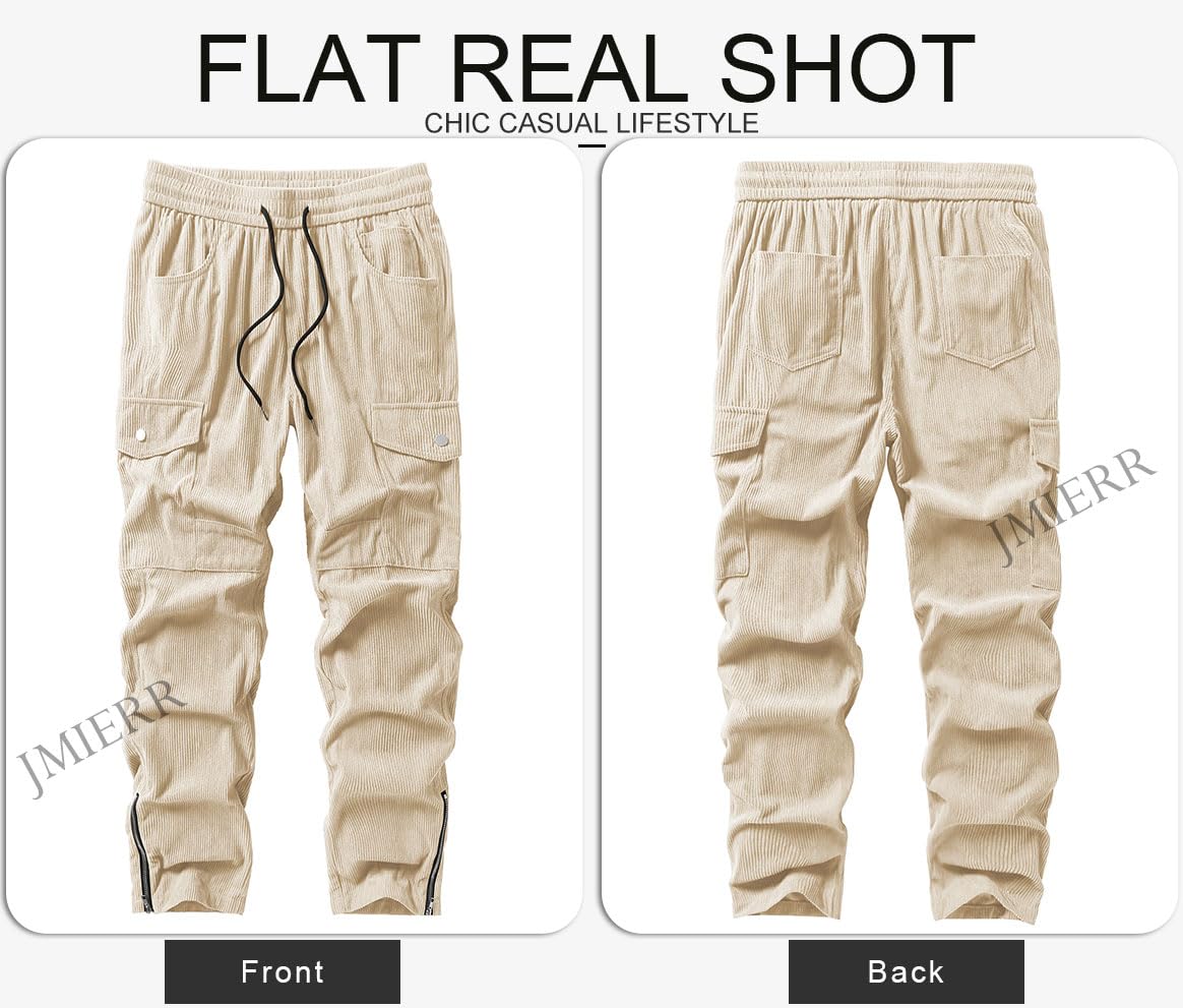 JMIERR Mens Casual Corduroy Pants Elastic Waist Drawstring Joggers Bell Bottom Pants with Flap Pockets Slim Fit, US 32(S), E3 Khaki