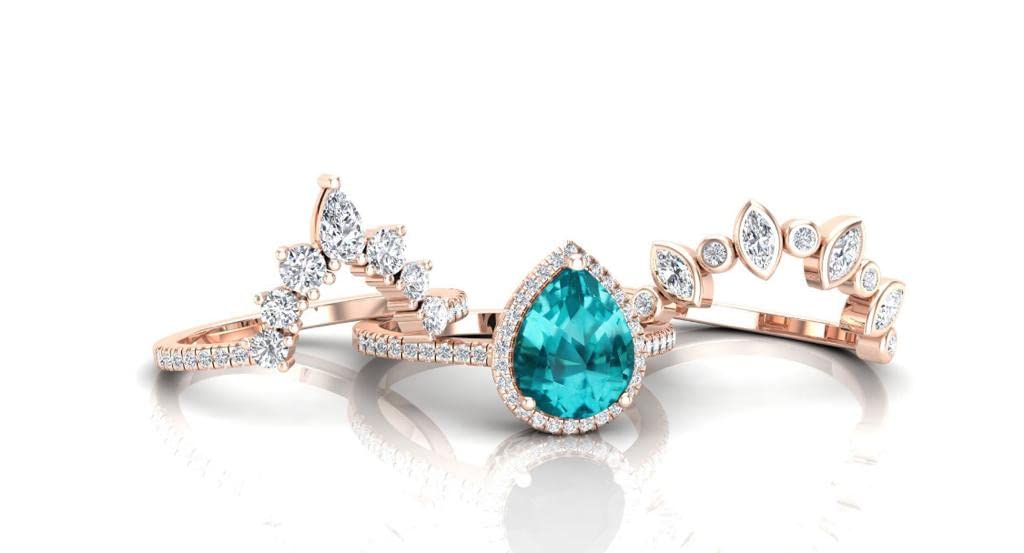Pear 10x8mm Lab Grown Paraiba Tourmaline Engagement Ring Set, Antique 3Pcs Wedding Ring Set For her, Vintage Halo Ring, Teardrop Stone Ring (WHITE, 8)