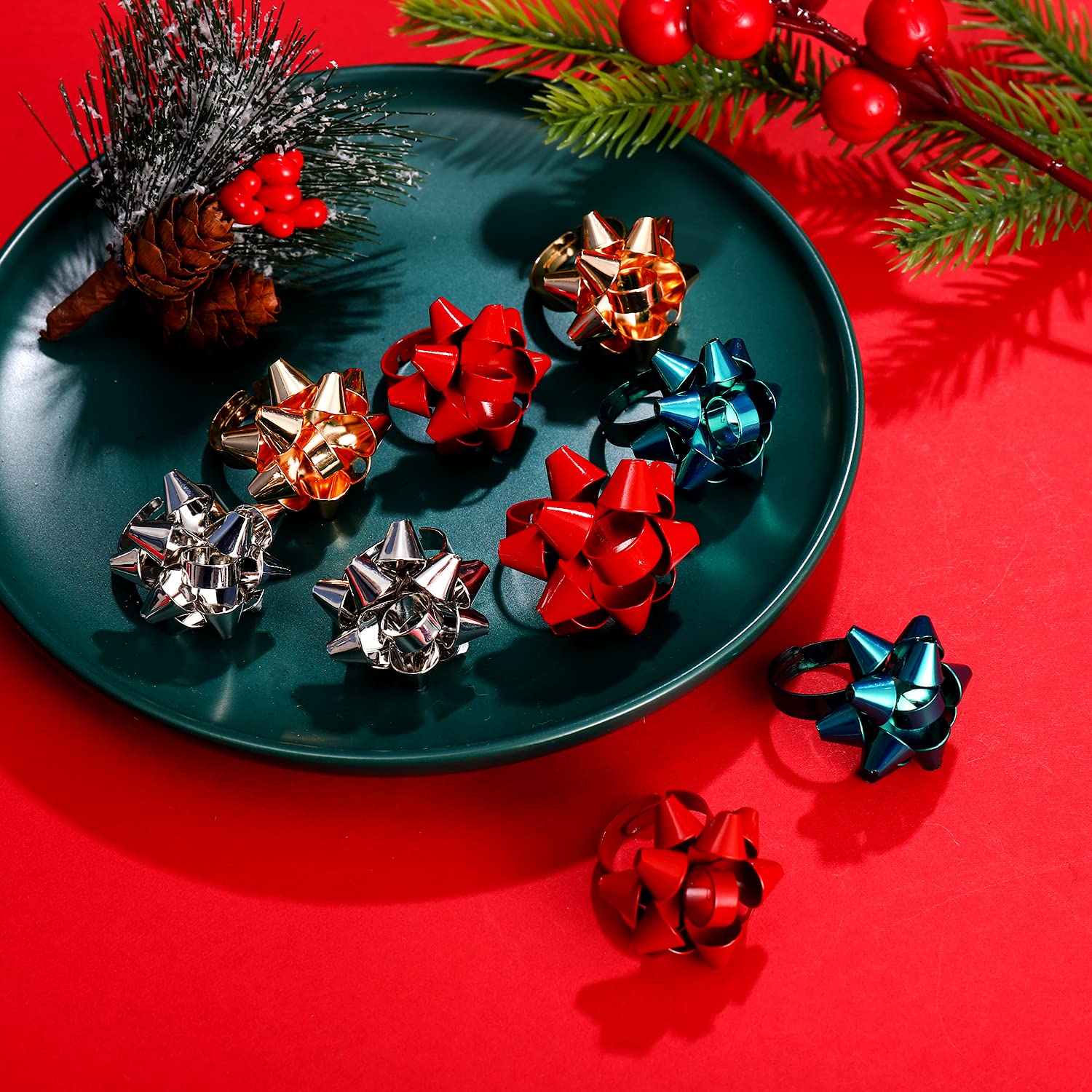 NVENF Christmas Rings for Women Xmas Bow Stackable Rings Holiday Snowflake Statement Rings Festive Finger Ring Set Gifts (Xmas Bow, 7)