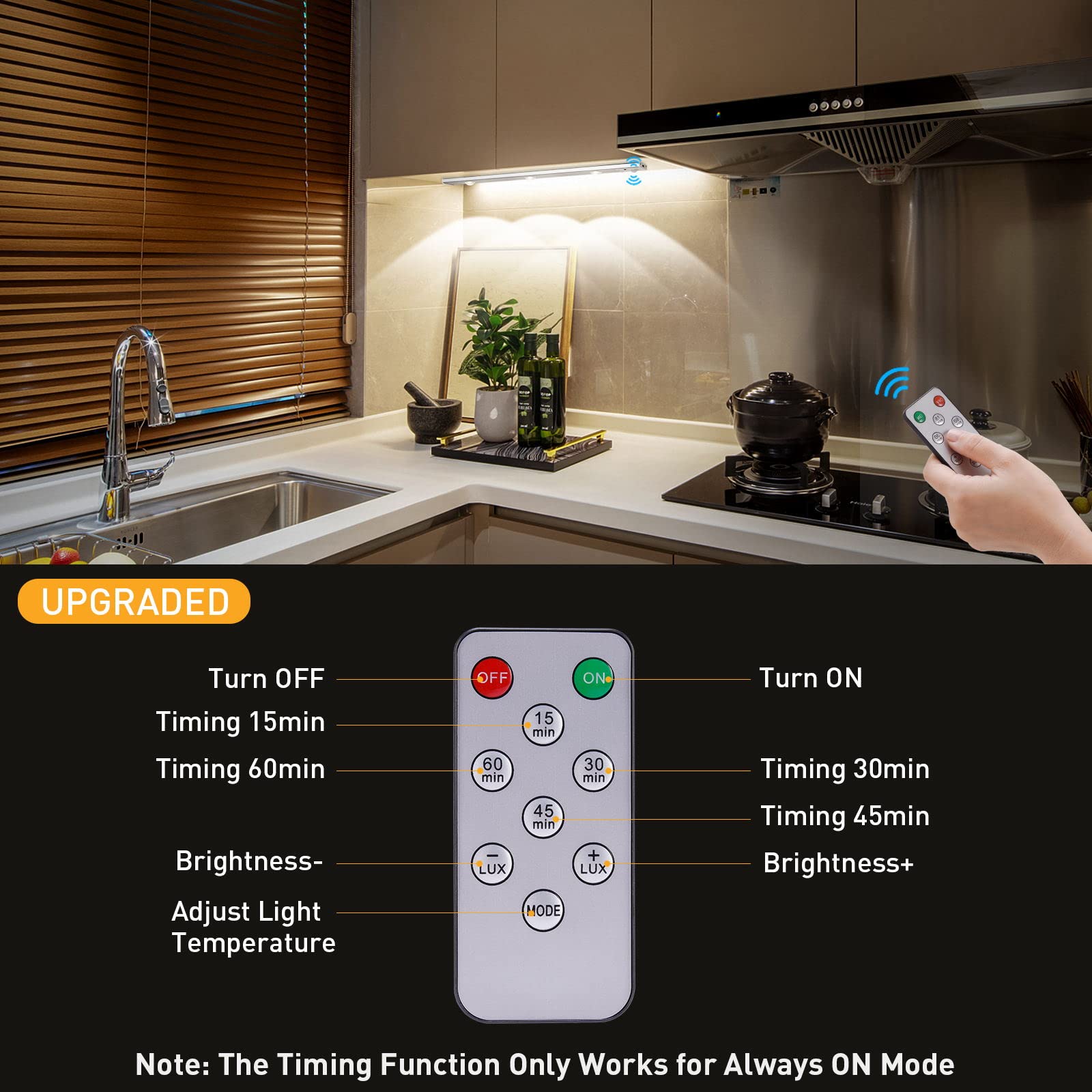 LED Motion Sensor Cabinet Light - Upgraded Remote Control 3 Light Modes Stepless Dimming Under Closet Lights 15.8β, USB Rechargeable Magnetic Lights for Kitchen Wardrobe Cupboard Office 2pcs