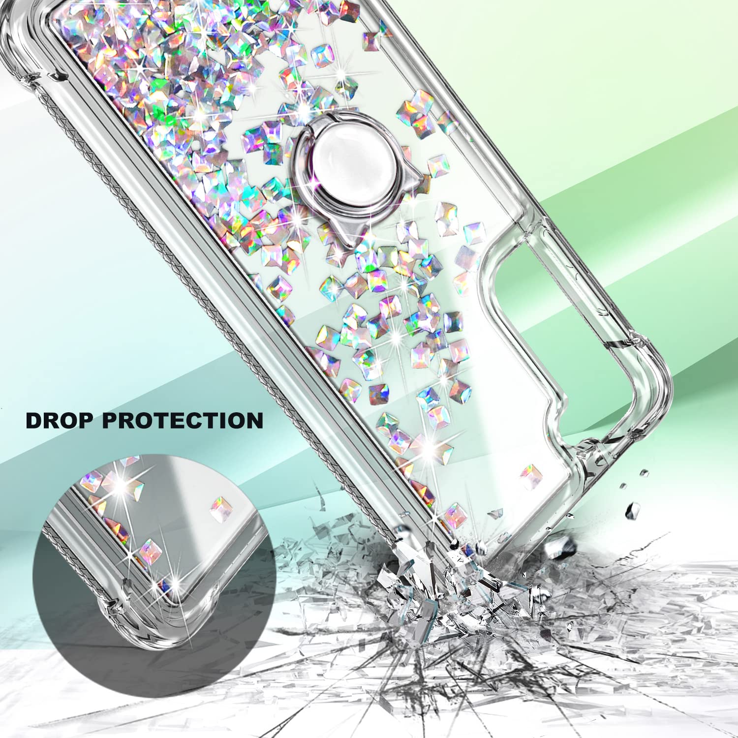 NGB Case for Samsung Galaxy S21 5G with Screen Protector (Maximum Coverage, Flexible TPU Film), Ring Holder, Girls Women Liquid Bling Sparkle Fashion Glitter Clear Cute Phone Case (Gem)