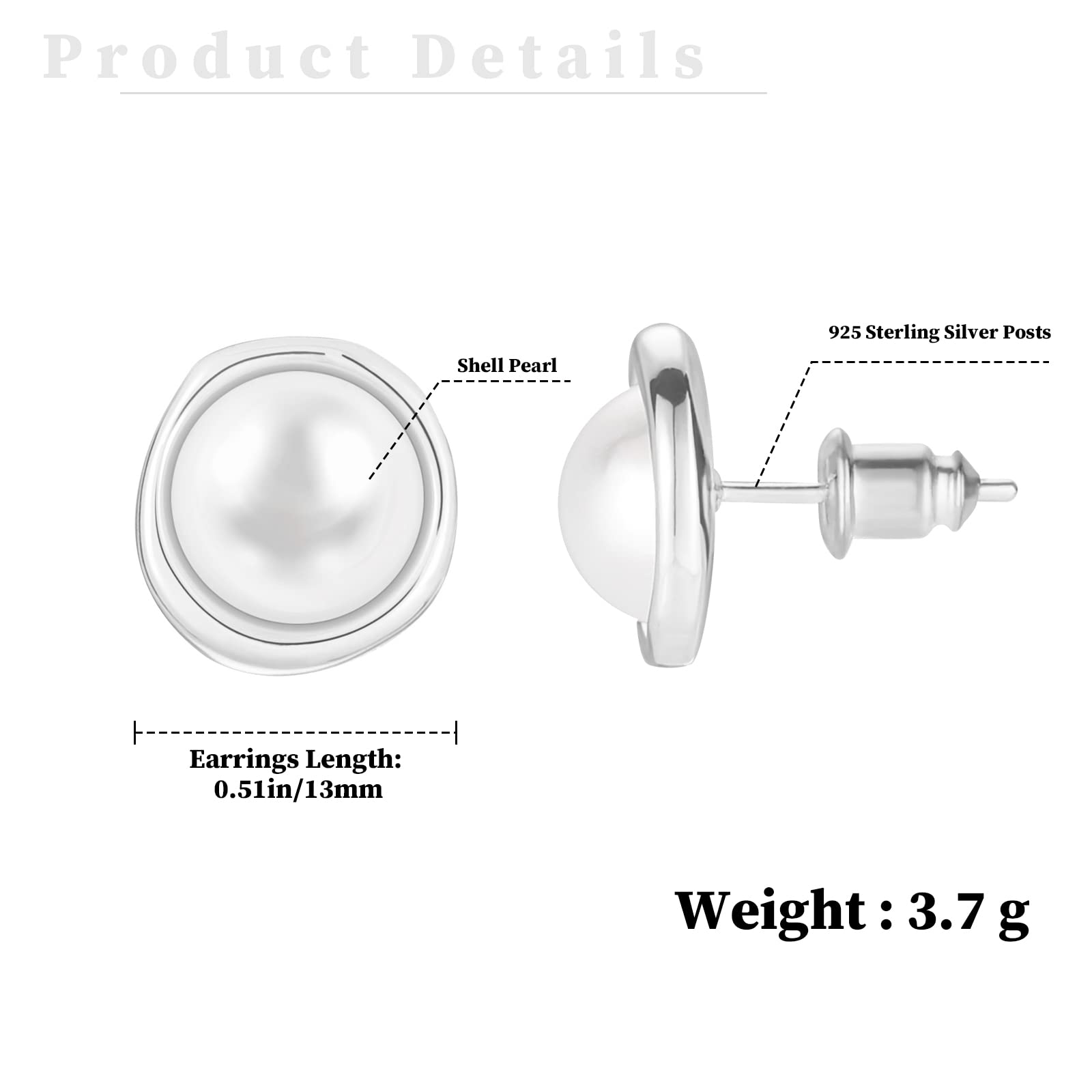 Pearl Stud Earrings 16K Gold Plated 925 Sterling Silver Needle Statement Jewelry Christmas Studs Earrings for Women Gifts