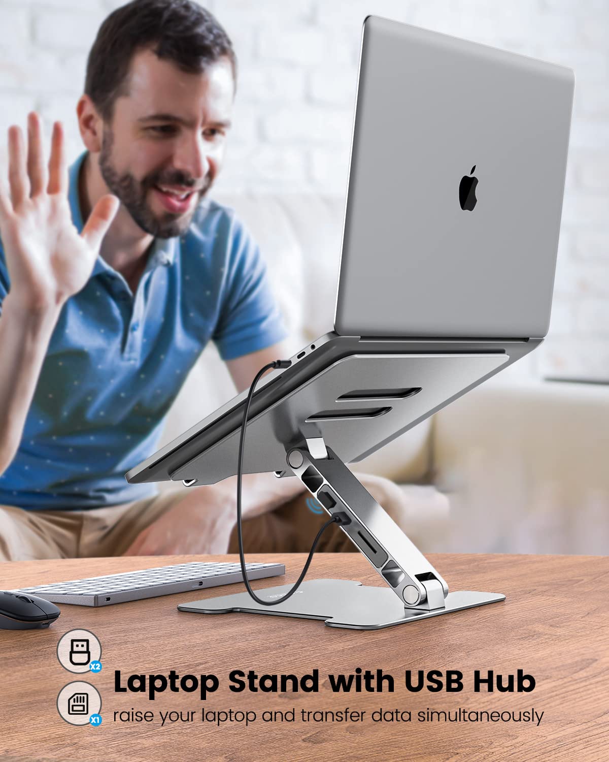 ORICO Adjustable Laptop Stand with 4 Port USB 3.0 Hub, Aluminum Computer Riser Compatible with MacBook Air Pro, Dell XPS, 10-15.6" Notebook and Tablet (Silver)