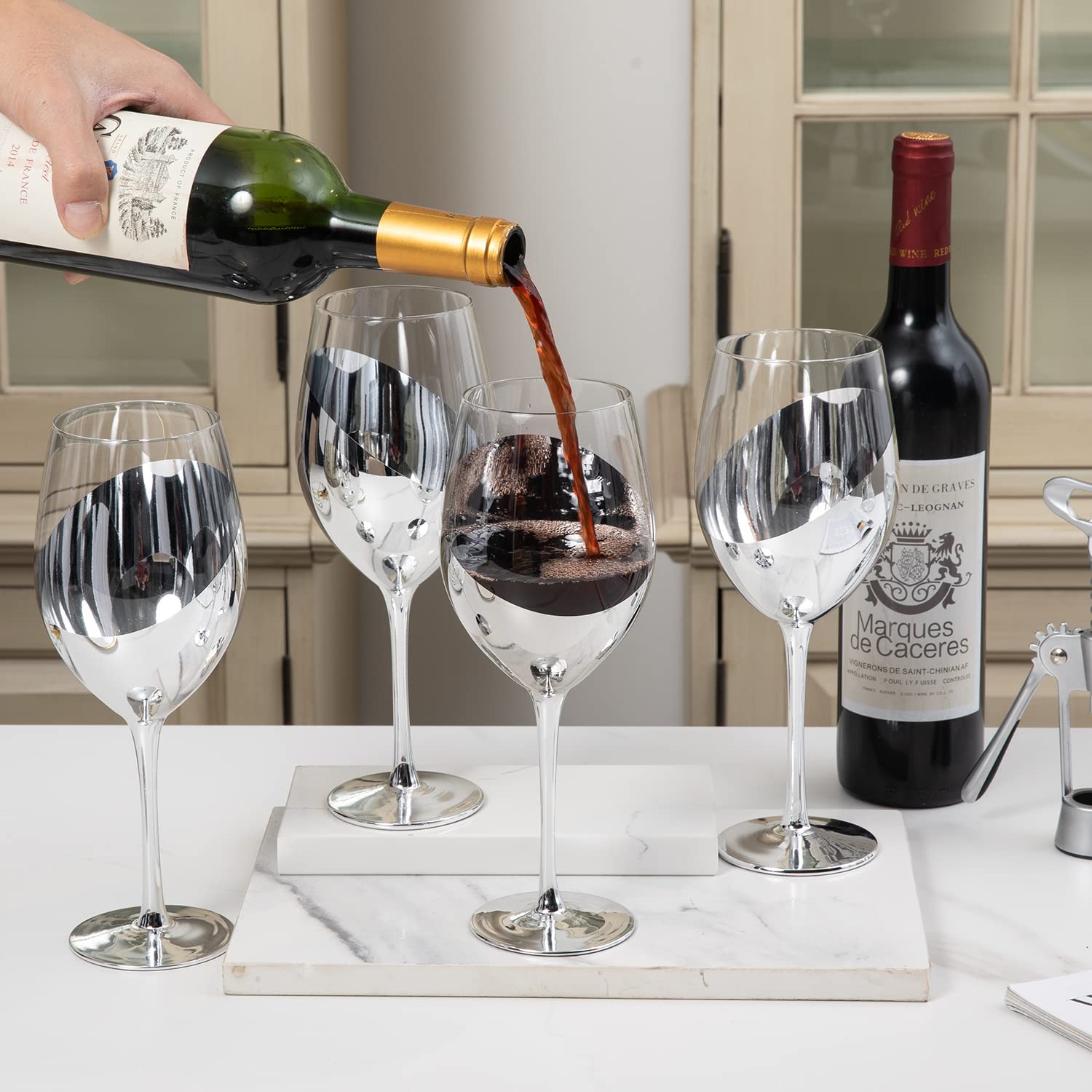MyGift Modern Silver Long Stemmed Wine Glasses for White or Red Wine with Elegant Angled Design, Set of 4
