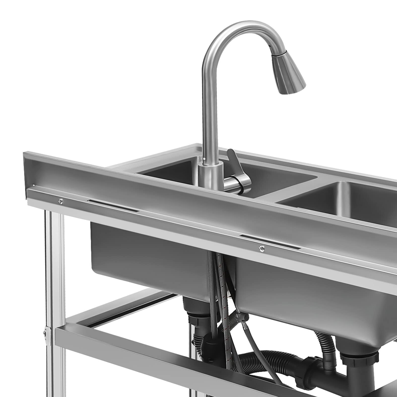 Kitchen Sink, Stainless Steel Double Bowl Utility Sink,Commercial Free Standing Dining Room Sink Kit, Prep & Utility Washing Hand Basin W/Workbench, For Laundry, Garage, Cafe Bar (47.2*17.7*31.8inch)