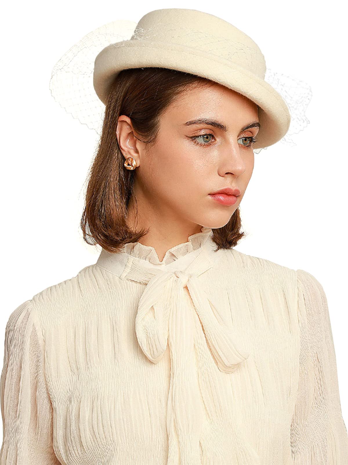 ORIDOOR Women Vintage 100% Wool Felt Flowers Bucket Cloche Bowler Hat Church Wedding Dress Fascinator Hat 016-White …