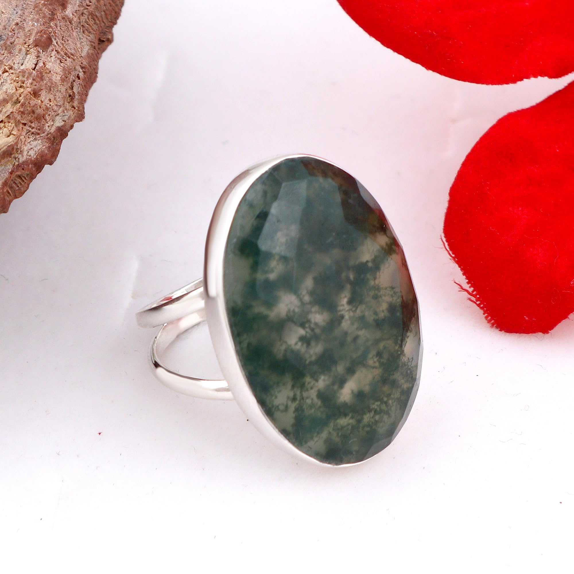 Natural Green Moss Agate Gemstone Ring | Solid 925 Sterling Silver Oval Shape Gemstones Rings Jewelry Gift for Man and Women (Available in size 5, 6, 7, 8, 9, 10) (Green Moss Agate, 6)