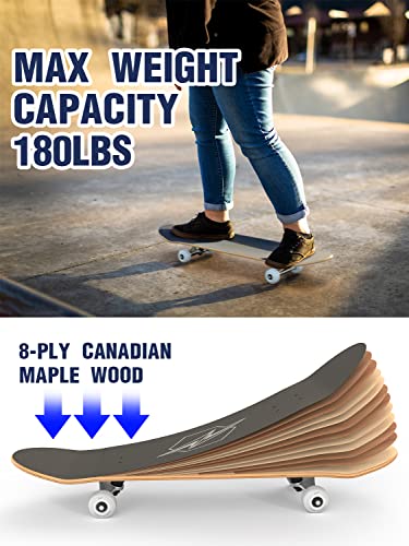 M Merkapa 31"x8" Skateboard for Adults Teens Youths Kids Beginners, 8 Layer Canadian Maple Double Kick Deck Concave Fit for Skateboarding, Cruising, Carving, Tricks (with T Tool)