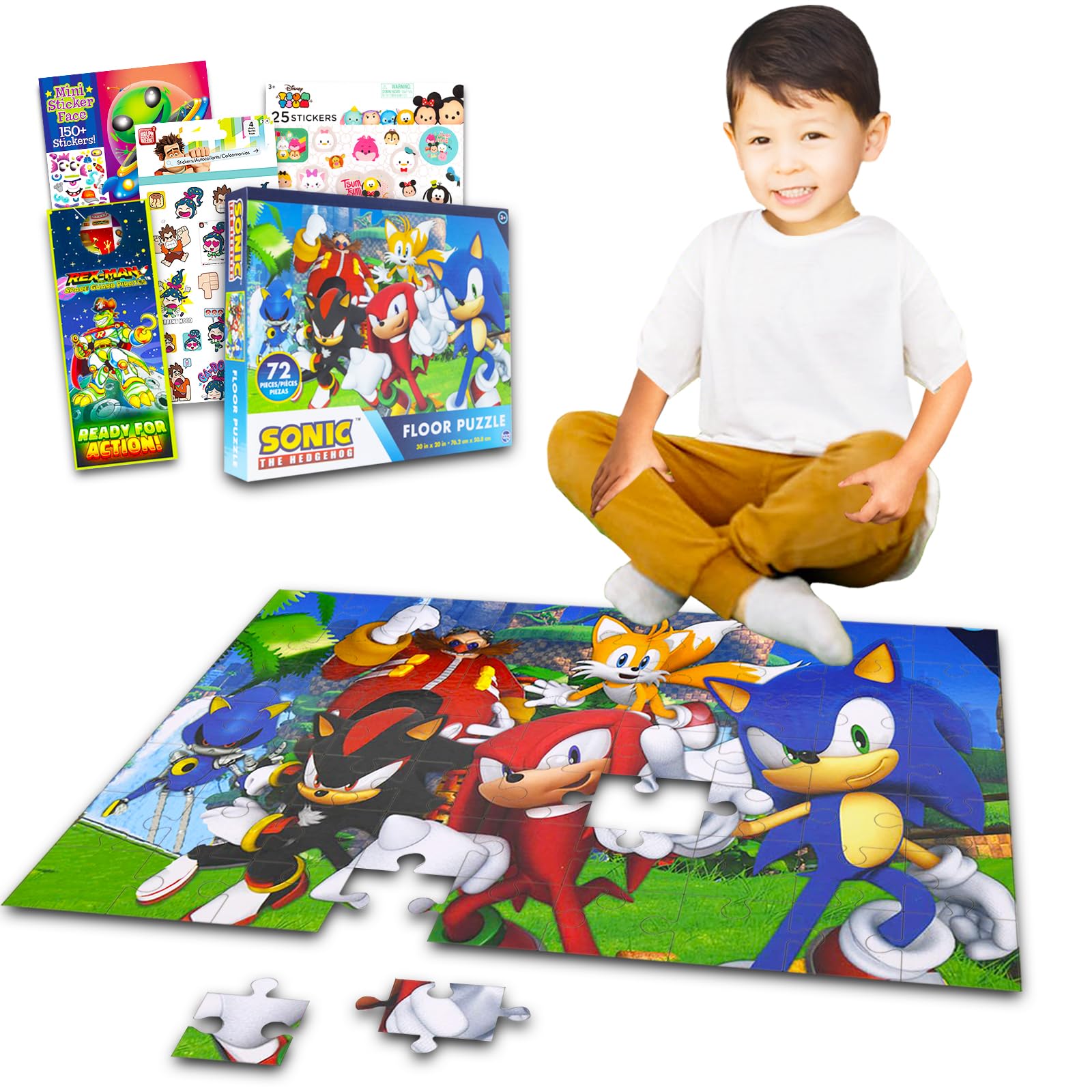 Sonic The Hedgehog Floor Puzzle for Kids Set - Bundle with 72 Piece Sonic Floor Puzzle, Stickers, More | Sonic Puzzles for Kids Ages 4-8