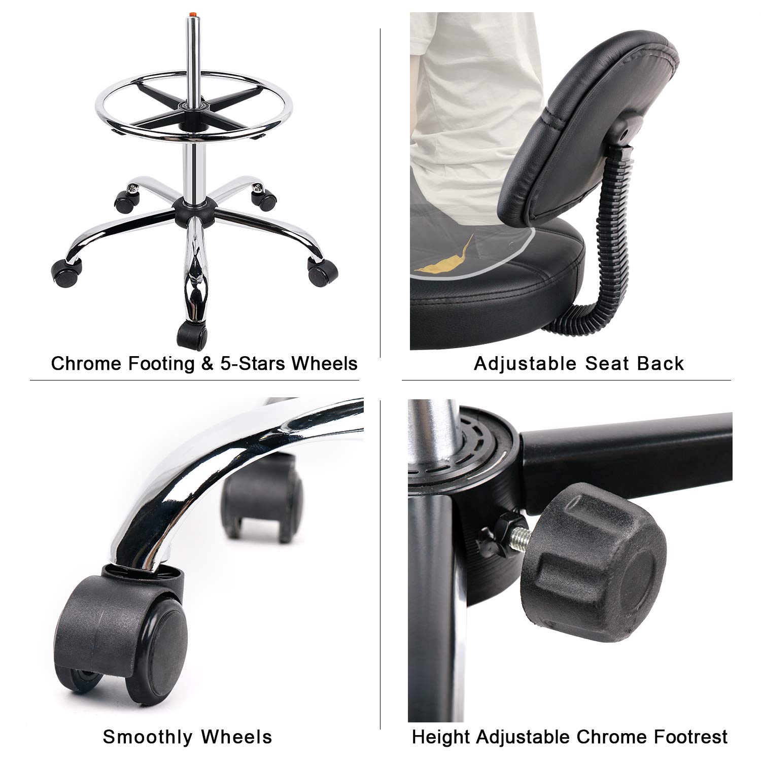 Leopard Round Drafting Chair, Adjustable Swivel Tall Drafting Stool Office Chair for Standing Desk, with Back and Footring - Black (Black)