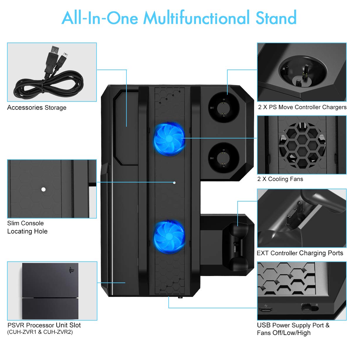 Kootek Charging Stand with Cooling Fan for Playstation VR Move Motion Controllers, Fit for PS4 Slim / PRO / Regular PS4 Console with DualShock 4 Wireless Controller EXT Port Charger ( CUH-ZVR2 & 1 )